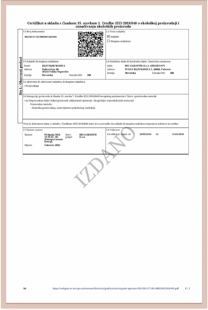 EKO Certifikat Haskap Hlevnjak